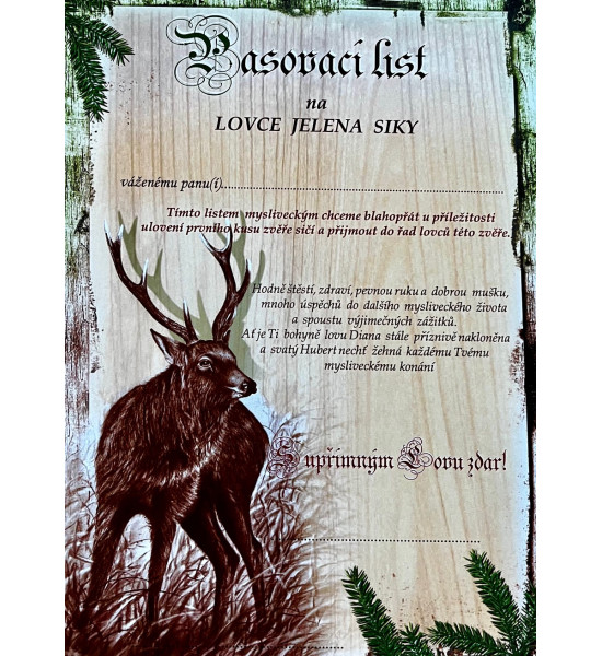Pasovací list na lovce zvěře jelení, sika
